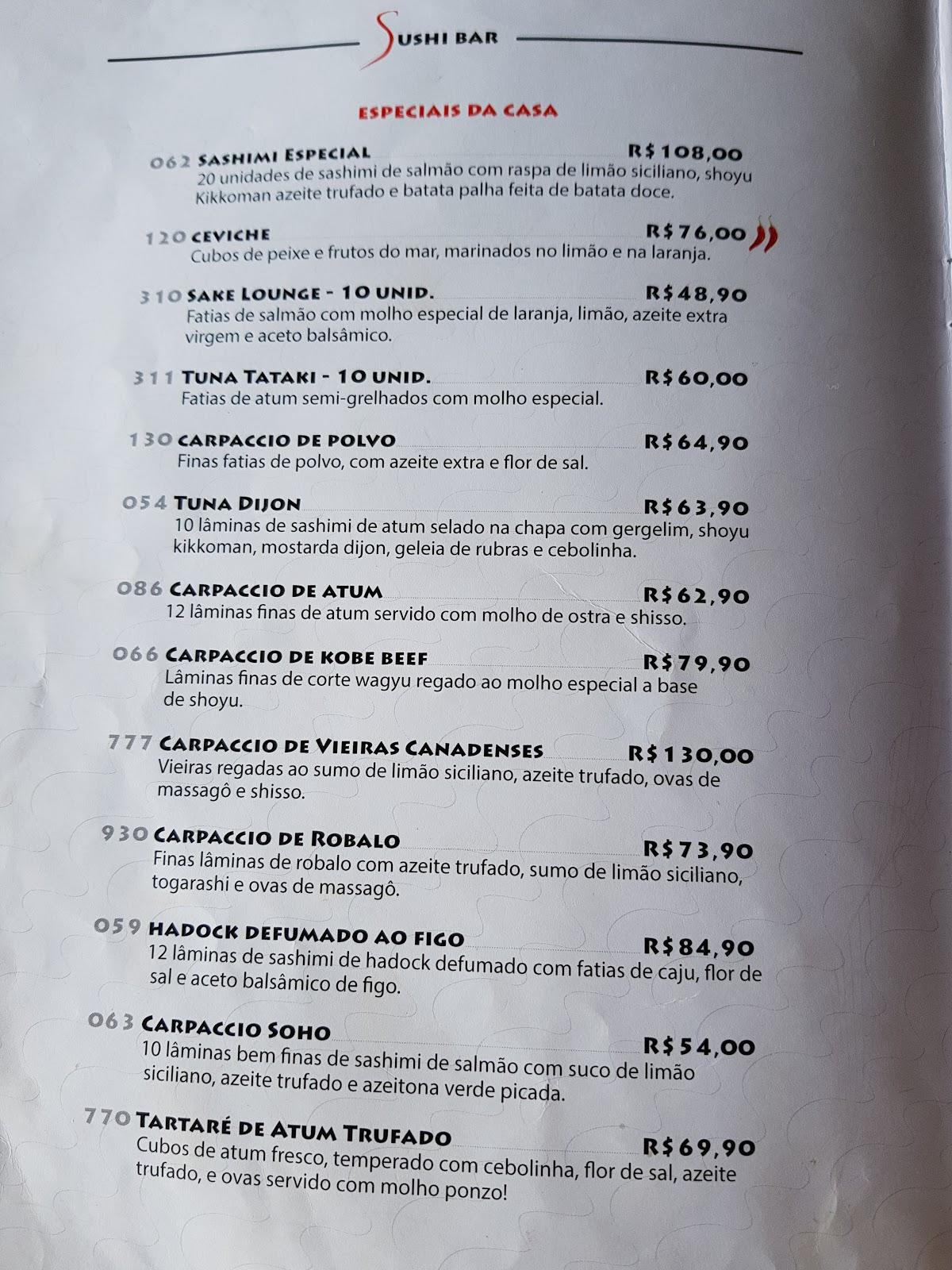 Menu em Soho, Pontão Lago Sul restaurante, Brasília, SHIS Ql 10