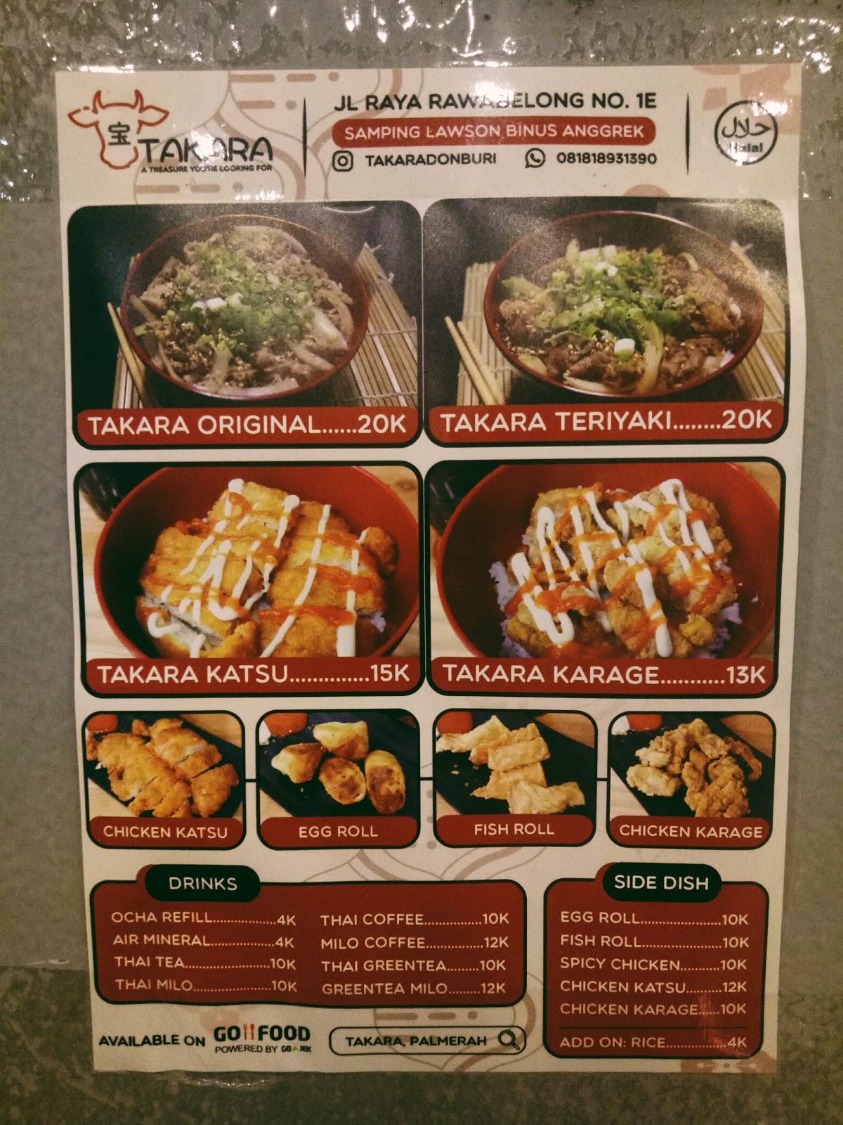 Menu at TAKARA restaurant, West Jakarta
