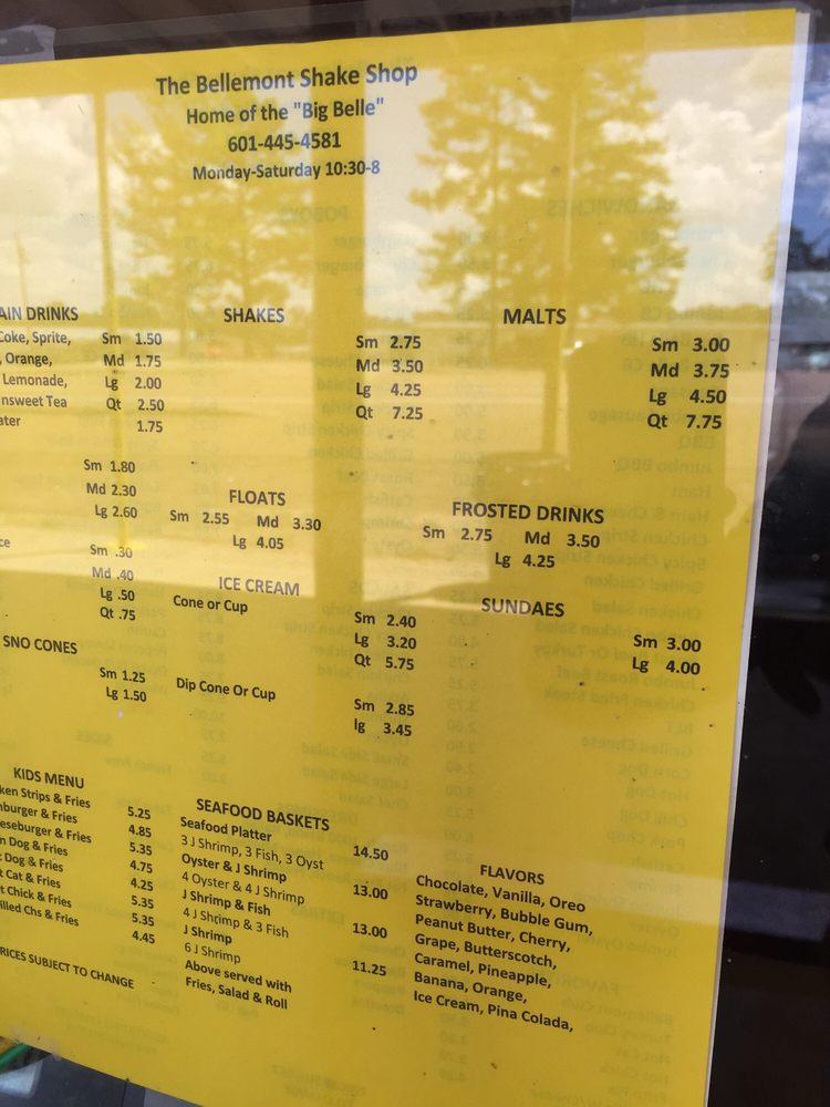 Menu at THE BELLEMONT SHAKE SHOP restaurant, Natchez, 175 US-61