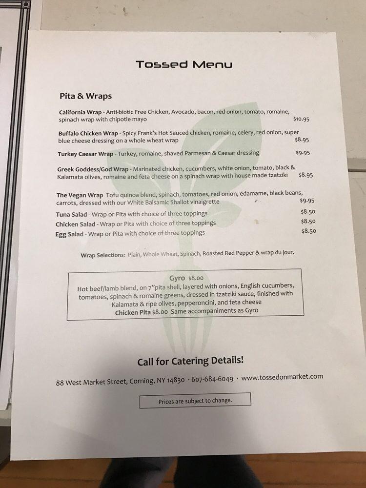 Menu at Tossed restaurant, Corning