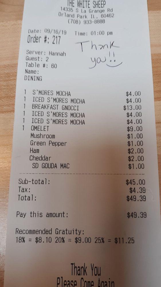 Menu at The White Sheep restaurant, Orland Park