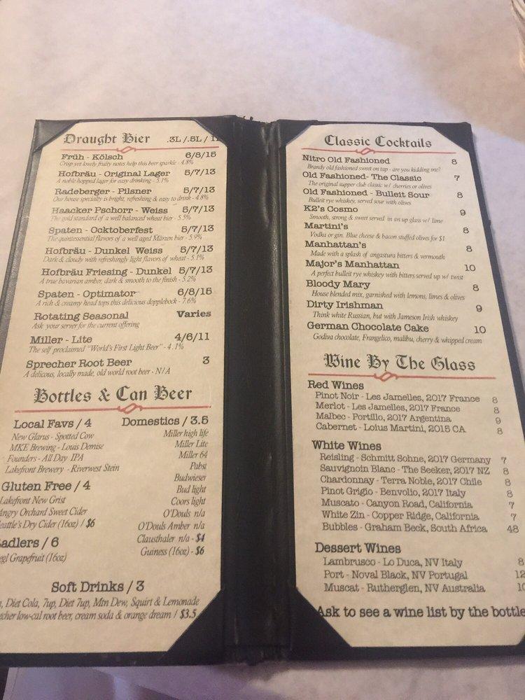 Menu at Kegel's Inn restaurant, West Allis