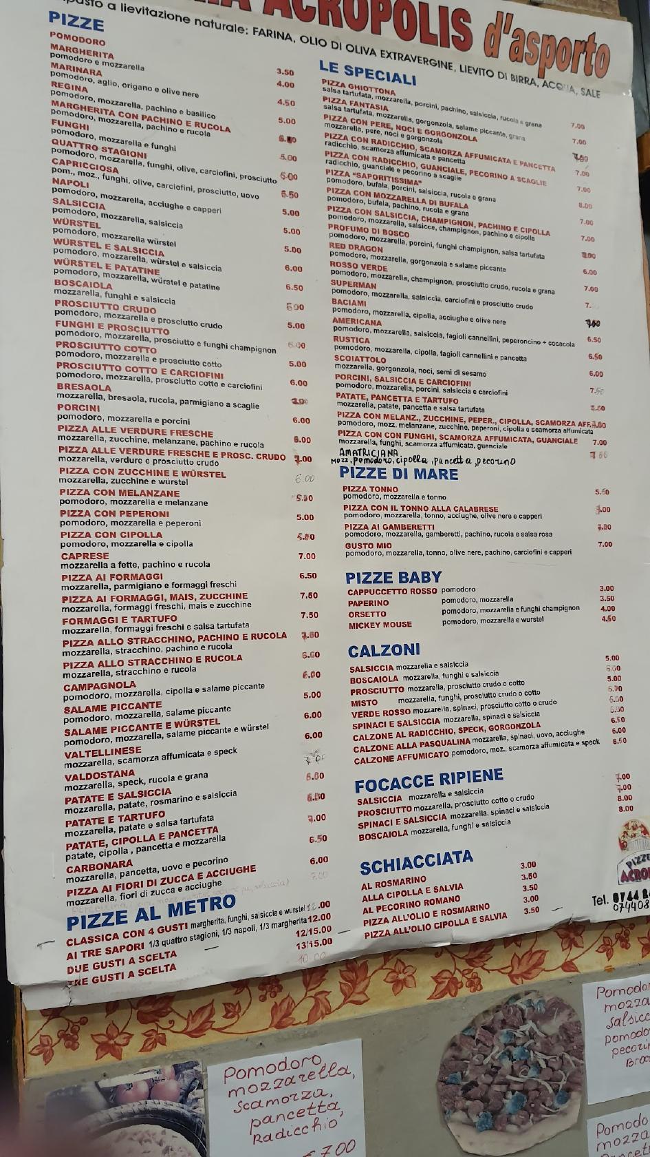 Menu at Pizzeria ACROPOLIS, Terni