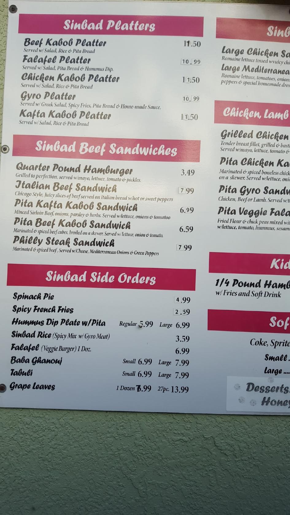 Menu at Sinbad's Fast Food, Merritt Island