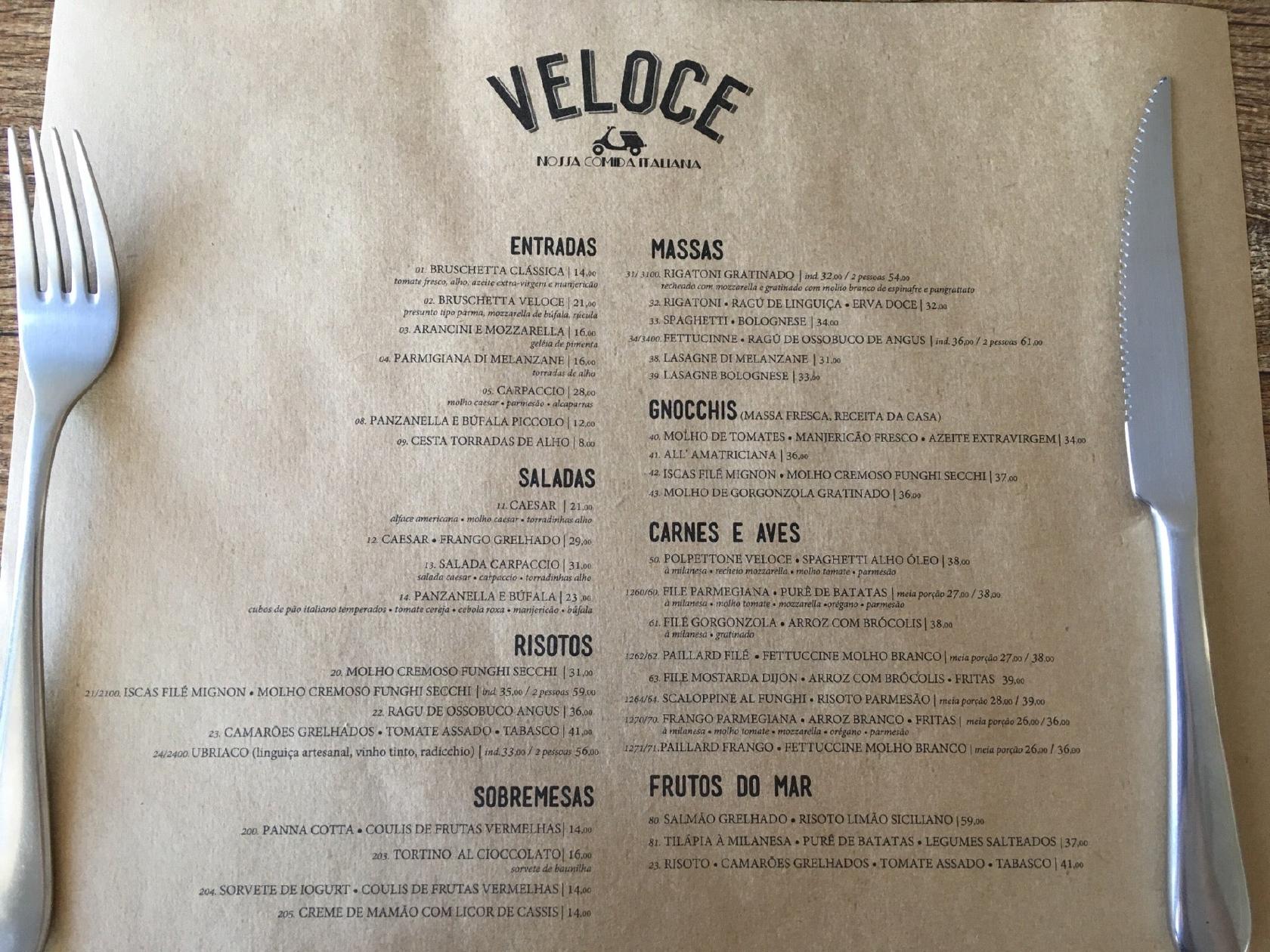 Menu em Veloce Massas restaurante, Brasília, St. de Habitações ...