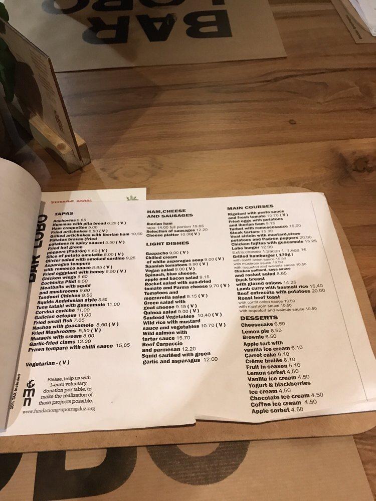 Menu at Bar Lobo, Barcelona