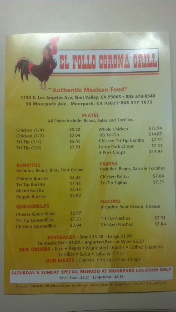 Menu at El Pollo Corona Grill restaurant, Moorpark