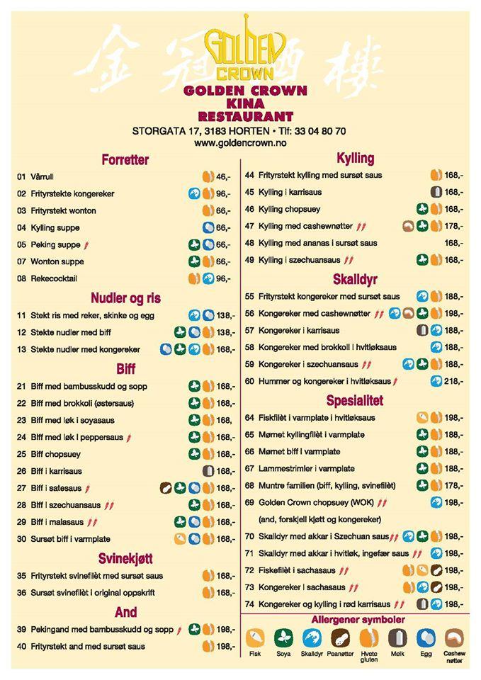 Menu at Golden Crown restaurant, Horten