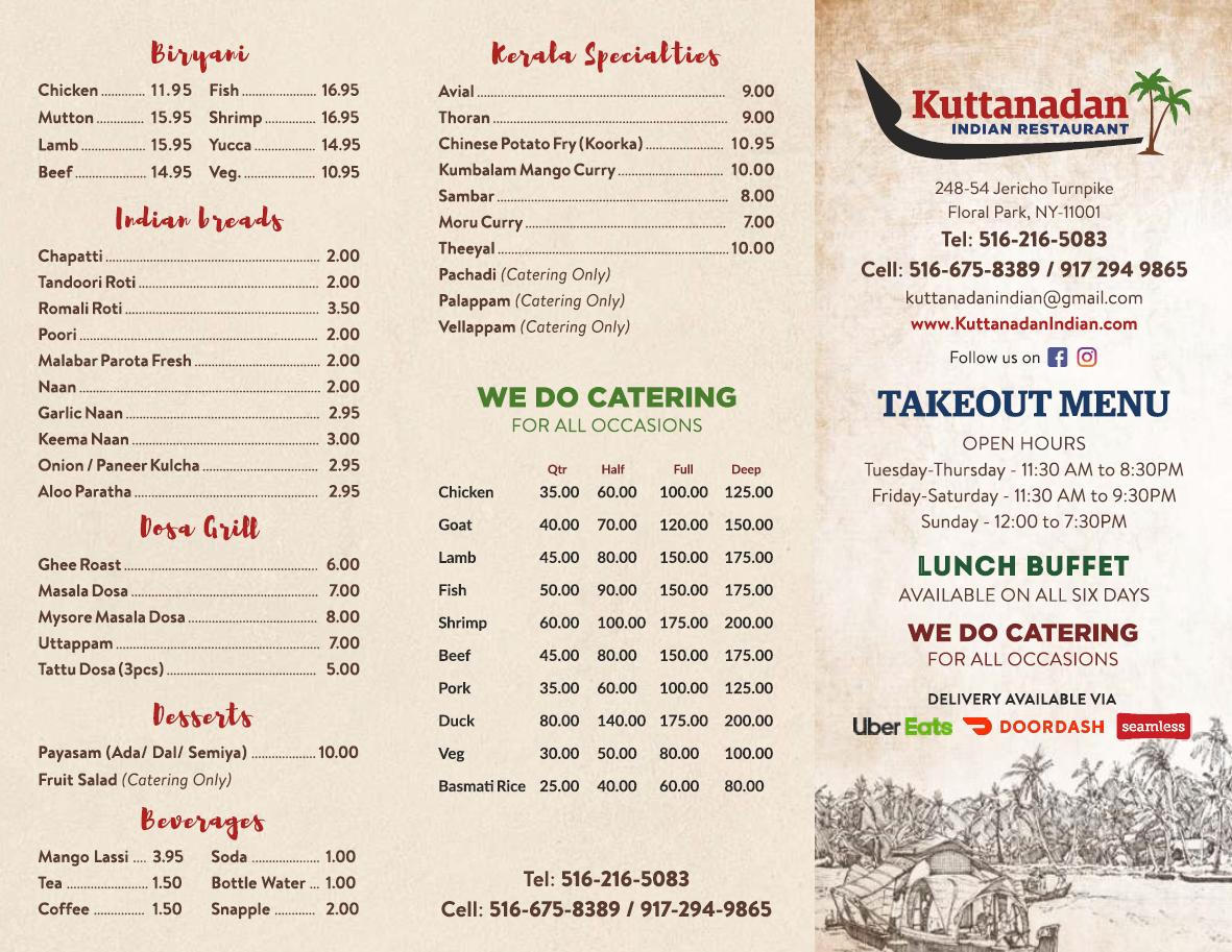 Menu at Kuttanadan Indian Restaurant, Floral Park