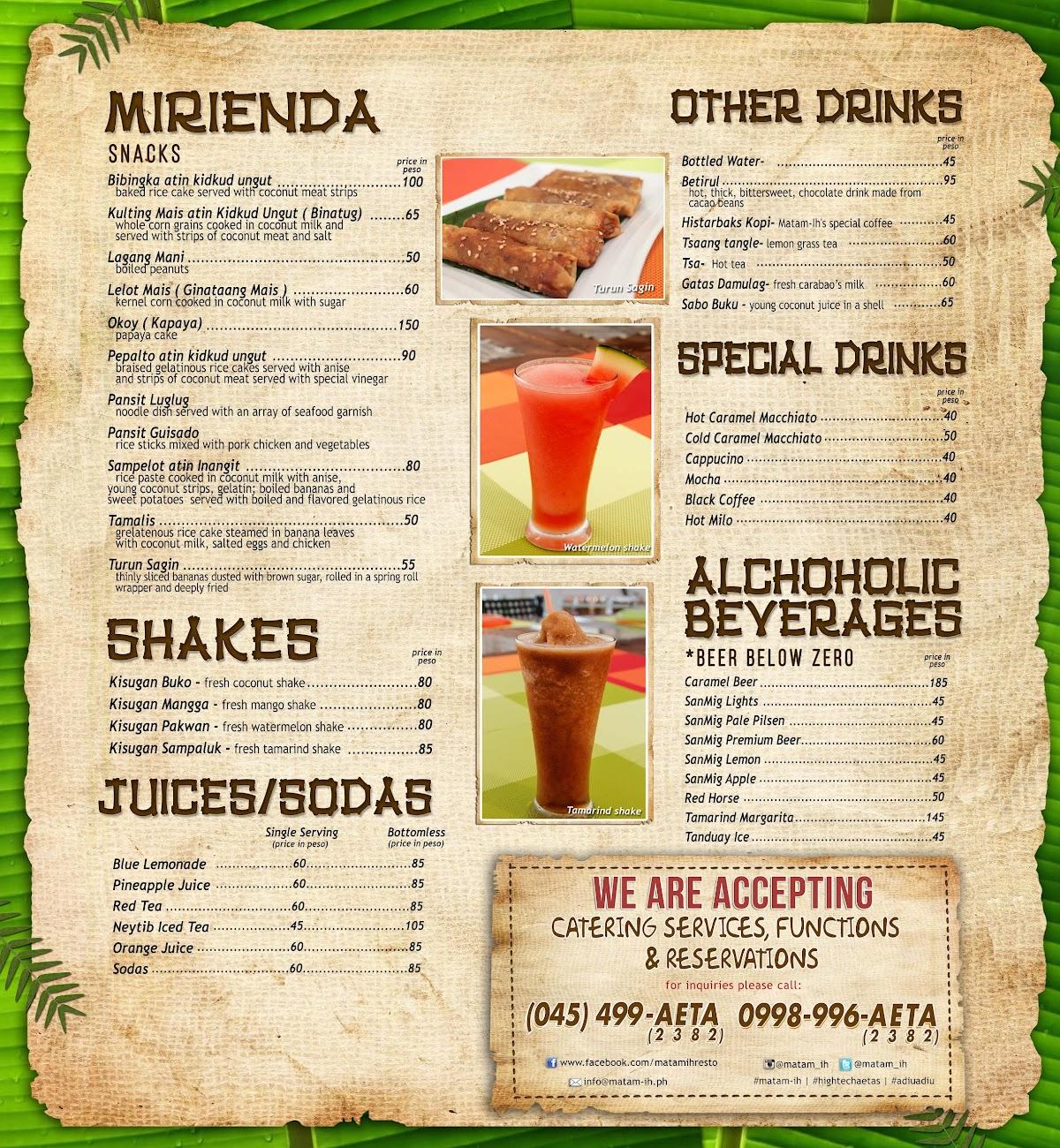 Menu at Matam-ih restaurant, Angeles