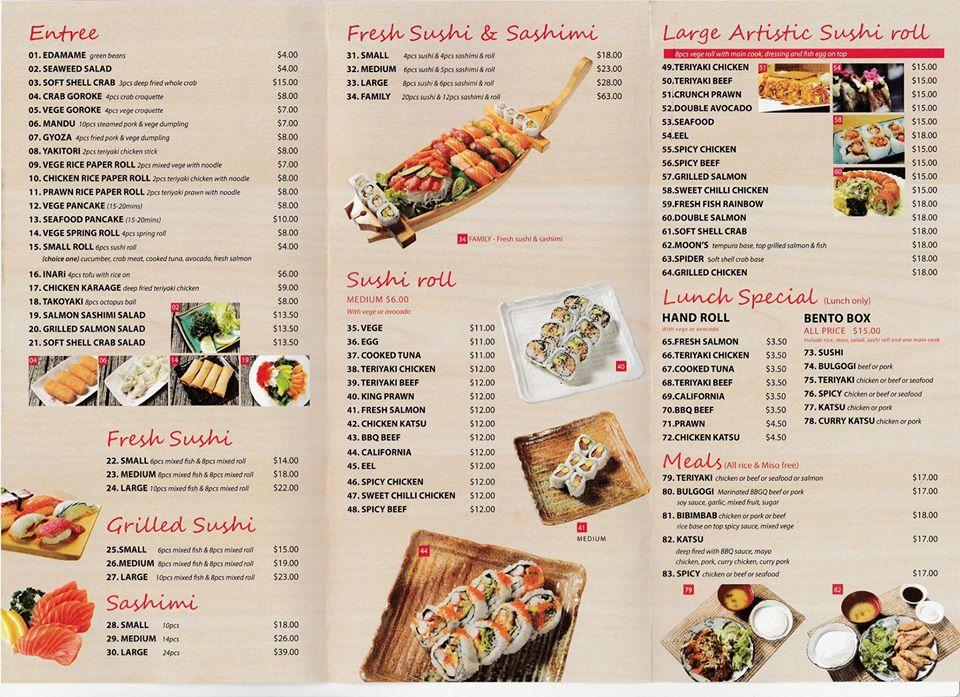 Menu at Moon's Sushi Shellharbour restaurant, Shellharbour