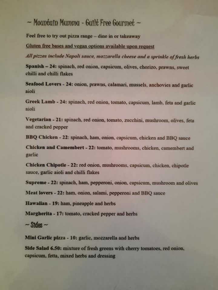 Menu at Mountain Mumma restaurant, Sheffield