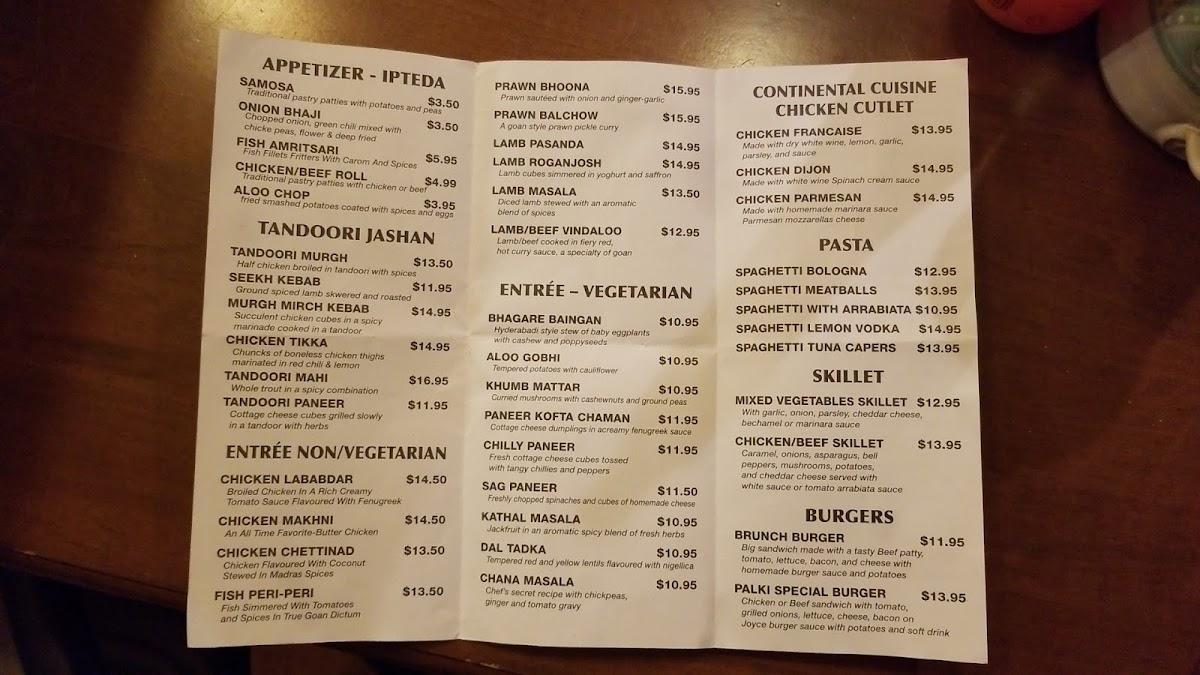 Menu at Palki Cuisine of India restaurant, Ottawa, Russell Rd