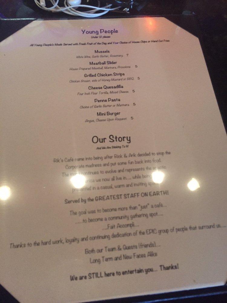 Menu at Rik's Cafe, Hagerstown