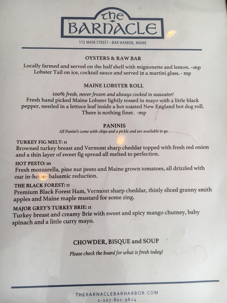 Menu at The Barnacle, Bar Harbor
