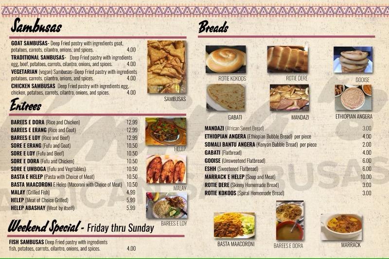 Menu at Amina’s African Sambusas restaurant, Boise