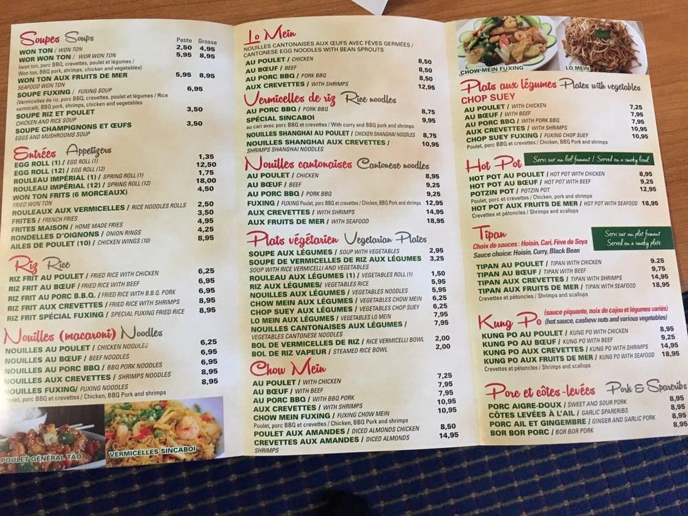 Menu au Restaurant Fu Xing, Rivière-du-Loup