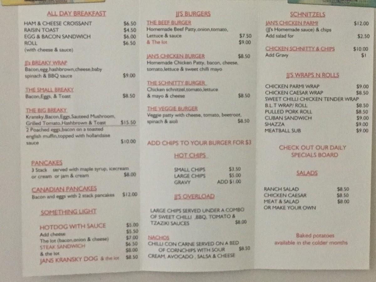 Menu at Jj's on junction cafe, Holden Hill