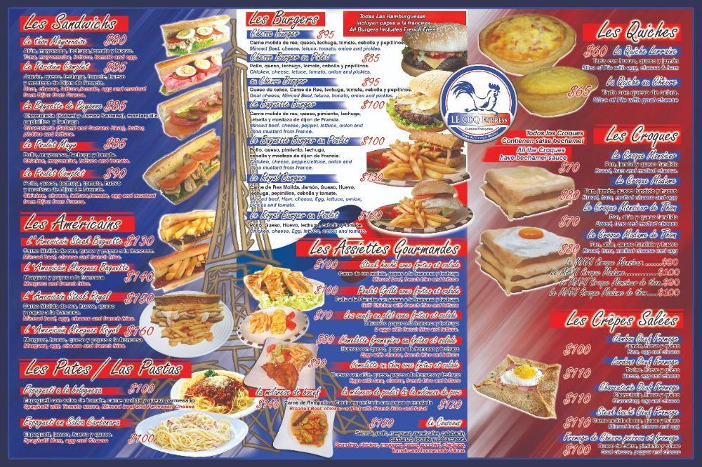 Menu at Le Coq Express restaurant, Playa del Carmen