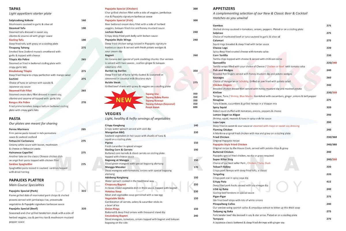 Menu at Papajeks Marikina restaurant, Marikina