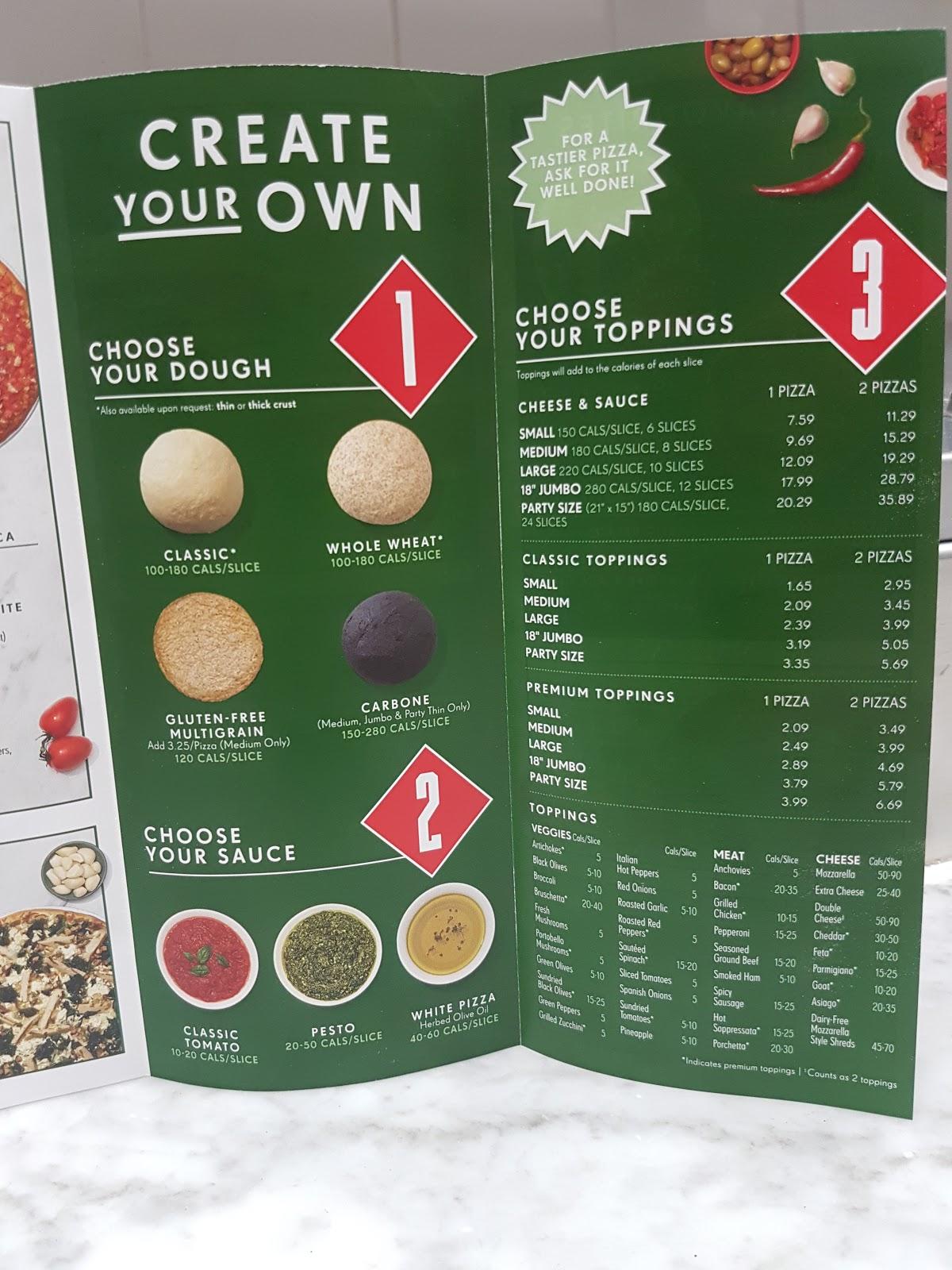 Menu at Pizza Nova restaurant, Orillia