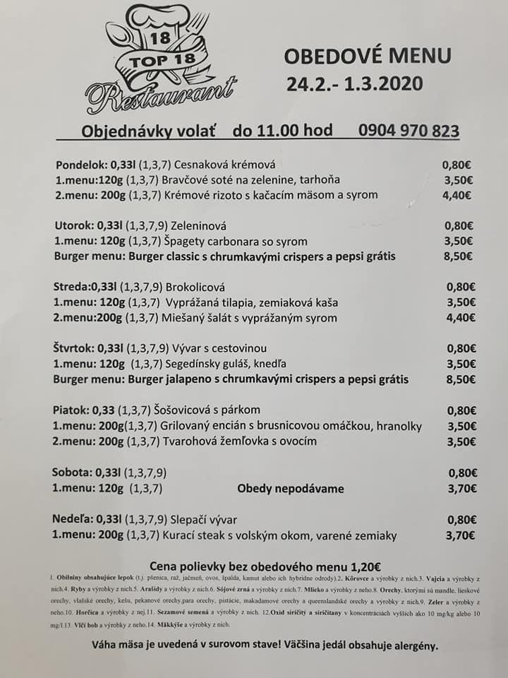 Menu at TOP RESTAURANT 18, Šurany