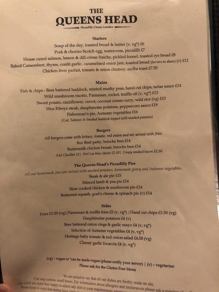 Menu at The Queens Head pub & bar, London, 15 Denman St
