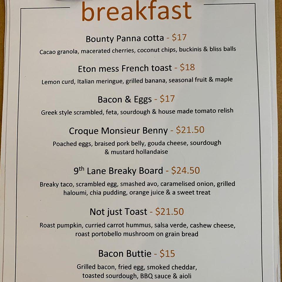 Menu at 9th Lane Grind cafe, Mackay