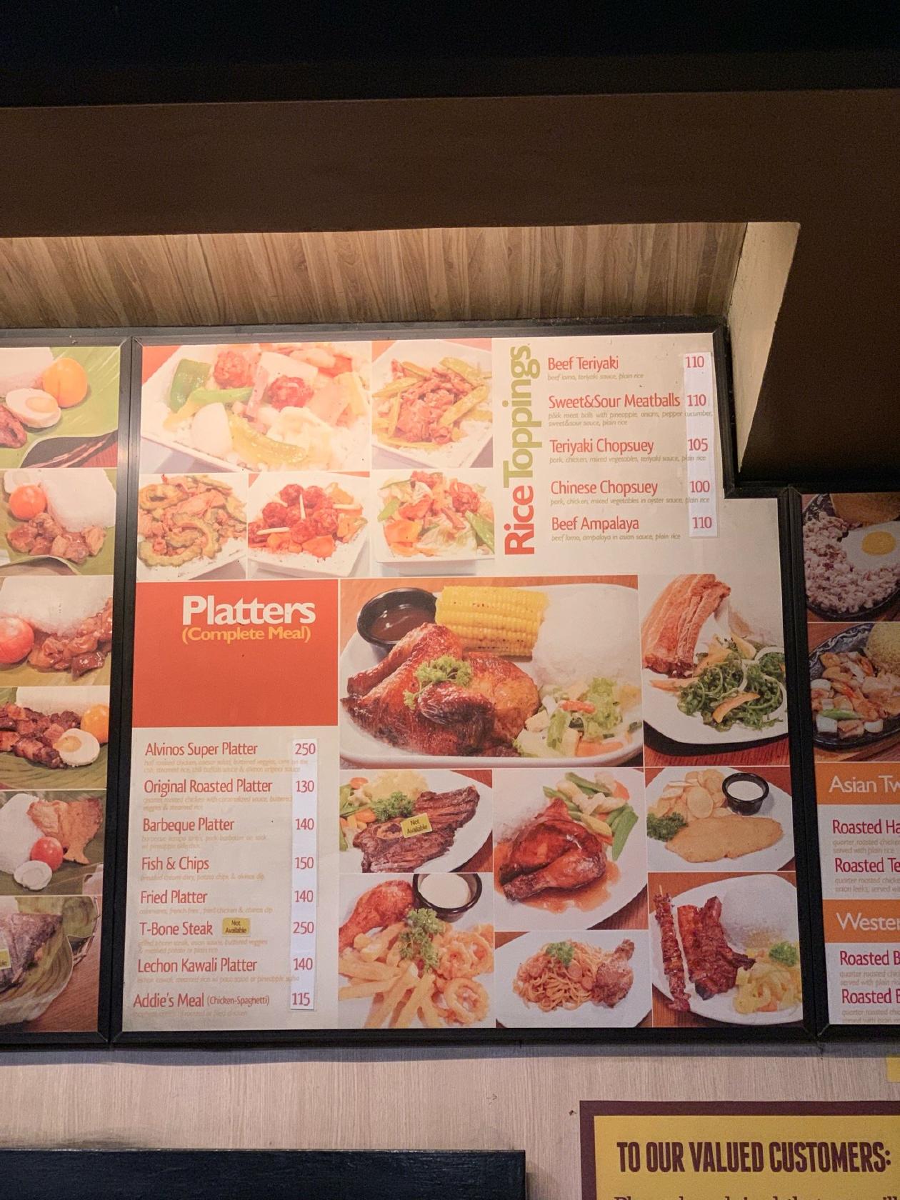 Menu at Alvinos Roast, Grill & Fry restaurant, Lucena