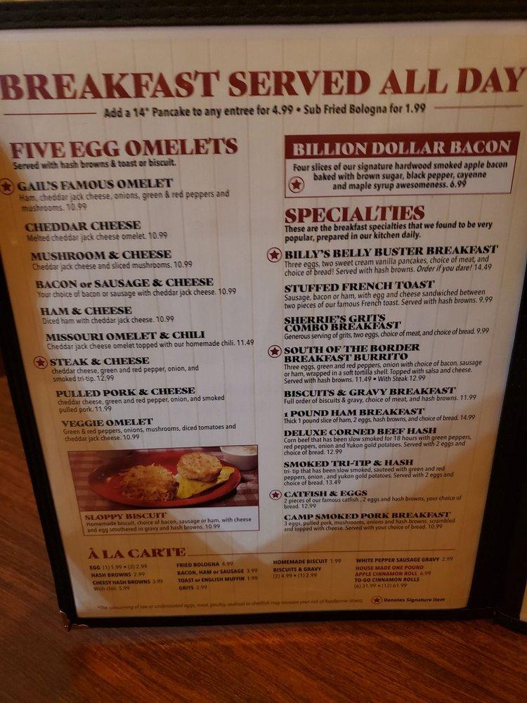 Menu at Billy Gail's cafe, Branson