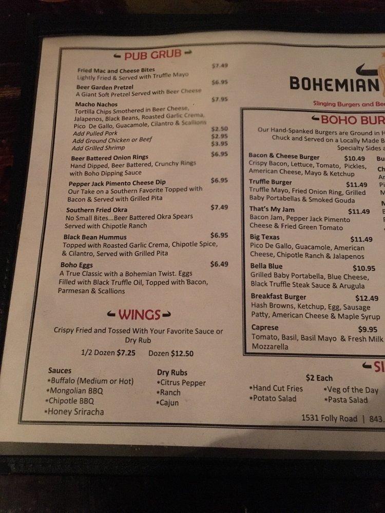 Menu at Bohemian Bull restaurant, Charleston