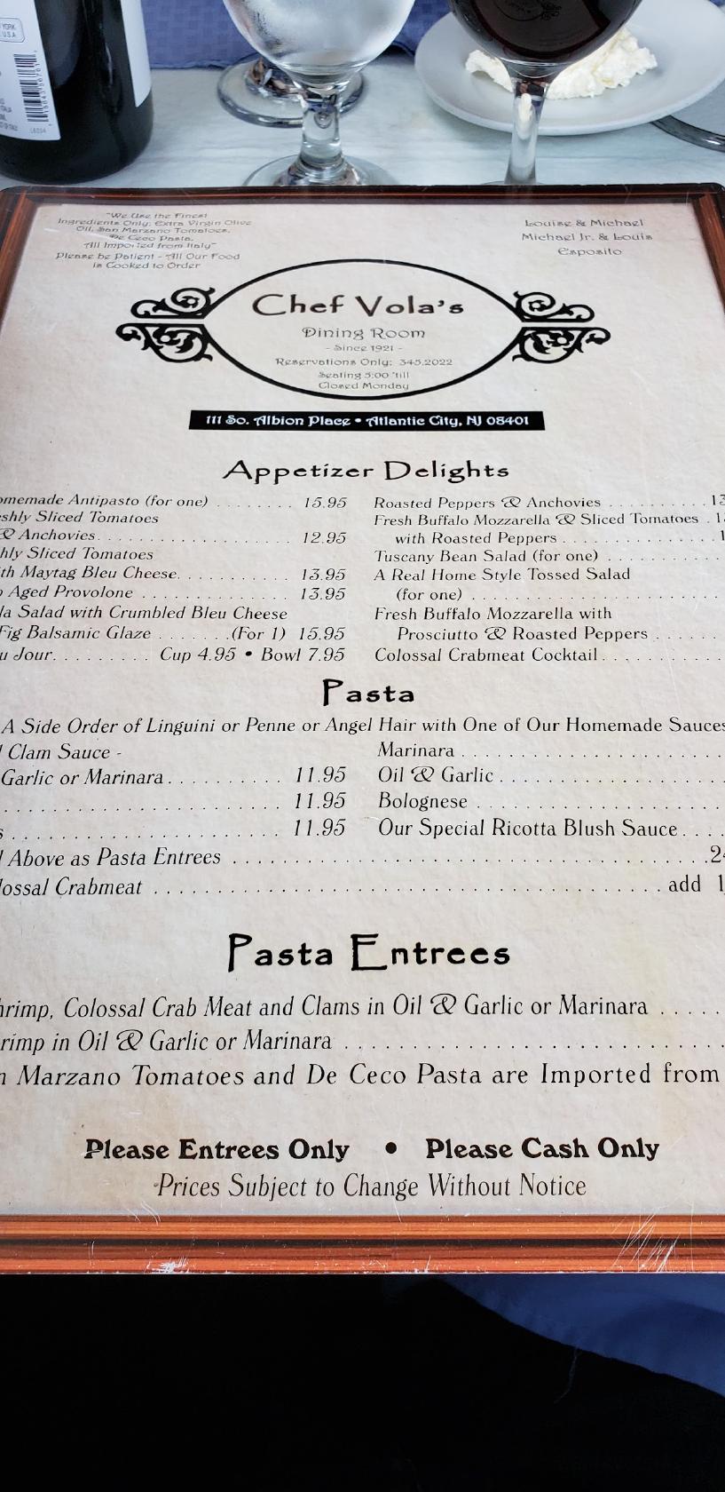 Menu at Chef Vola's restaurant, Atlantic City