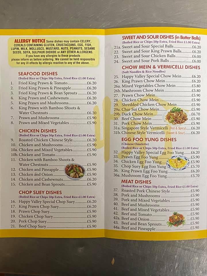 Menu at Happy Valley fast food, Wakefield