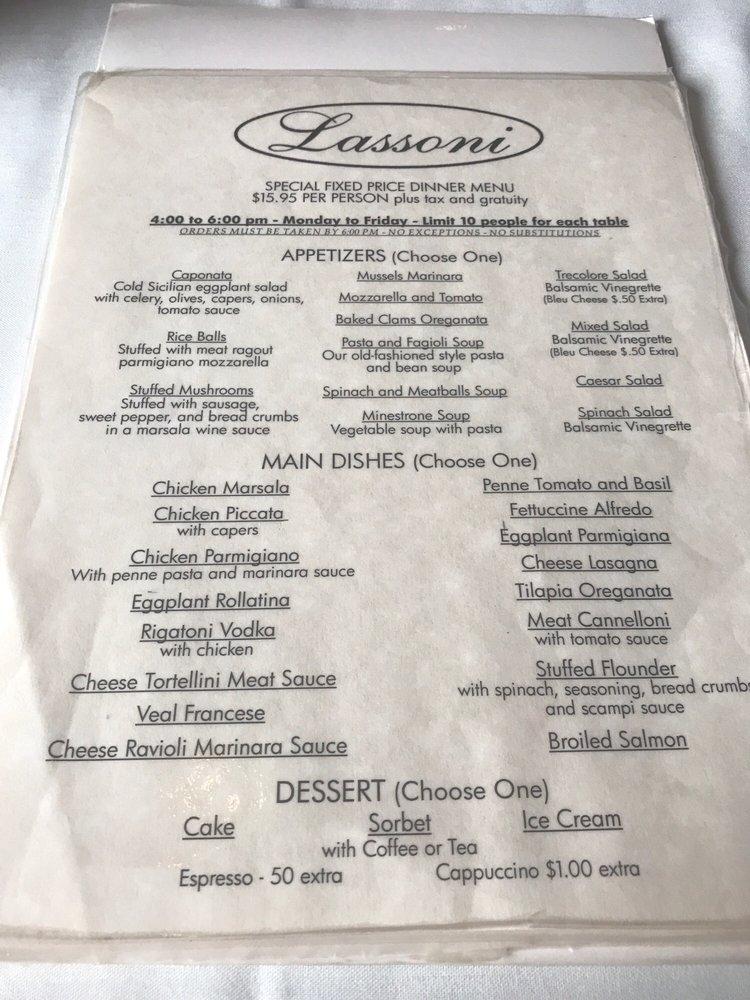Menu at Lassoni restaurant, North Arlington