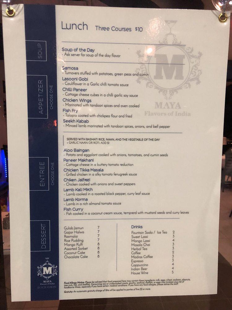 Menu at Maya Flavors of India restaurant, Boca Raton