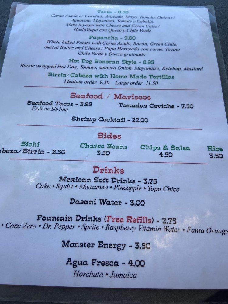Menu at Obregón City Tacos restaurant, Williams