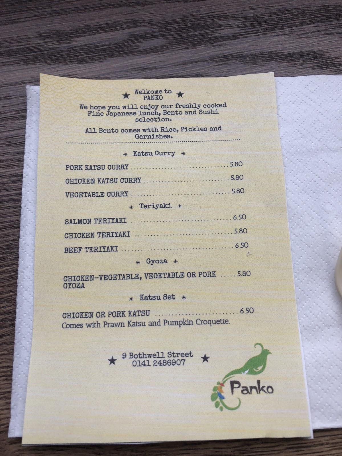 Menu at Panko cafe, Glasgow