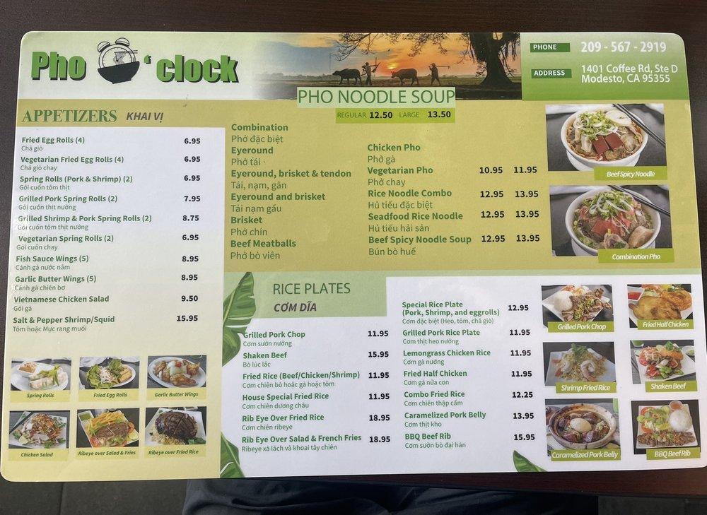 Menu at Pho o'clock restaurant, Modesto