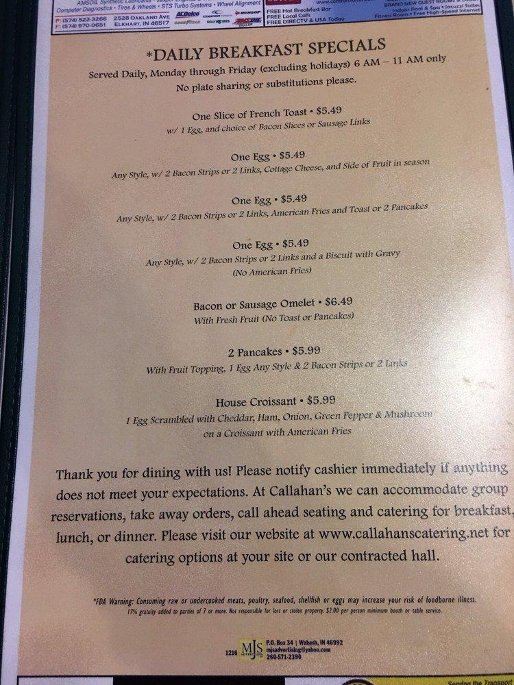 Menu at Callahan's Restaurant, Elkhart