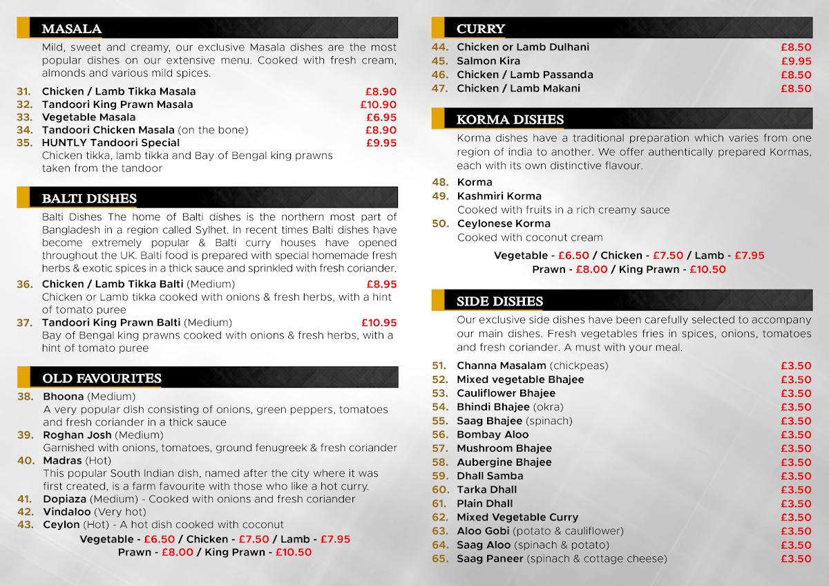 Menu at Huntly Tandoori Indian Takeaway restaurant, Huntly