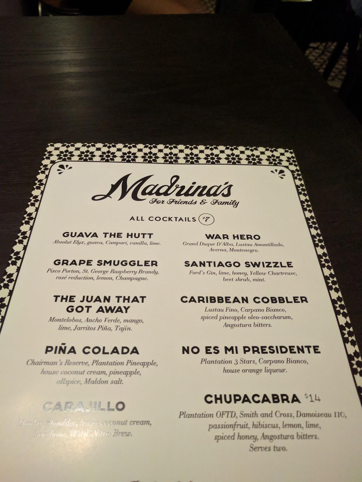 Menu at Madrina's pub & bar, Gainesville