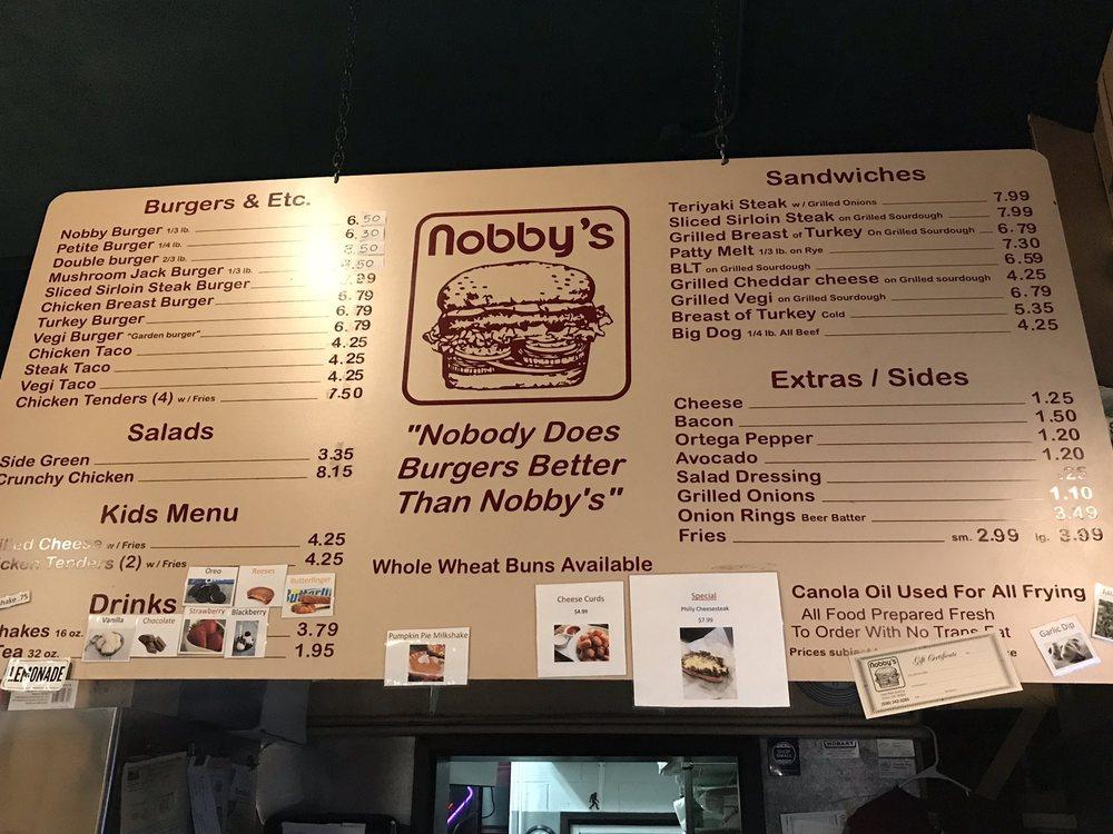Menu at Nobby's restaurant, Chico