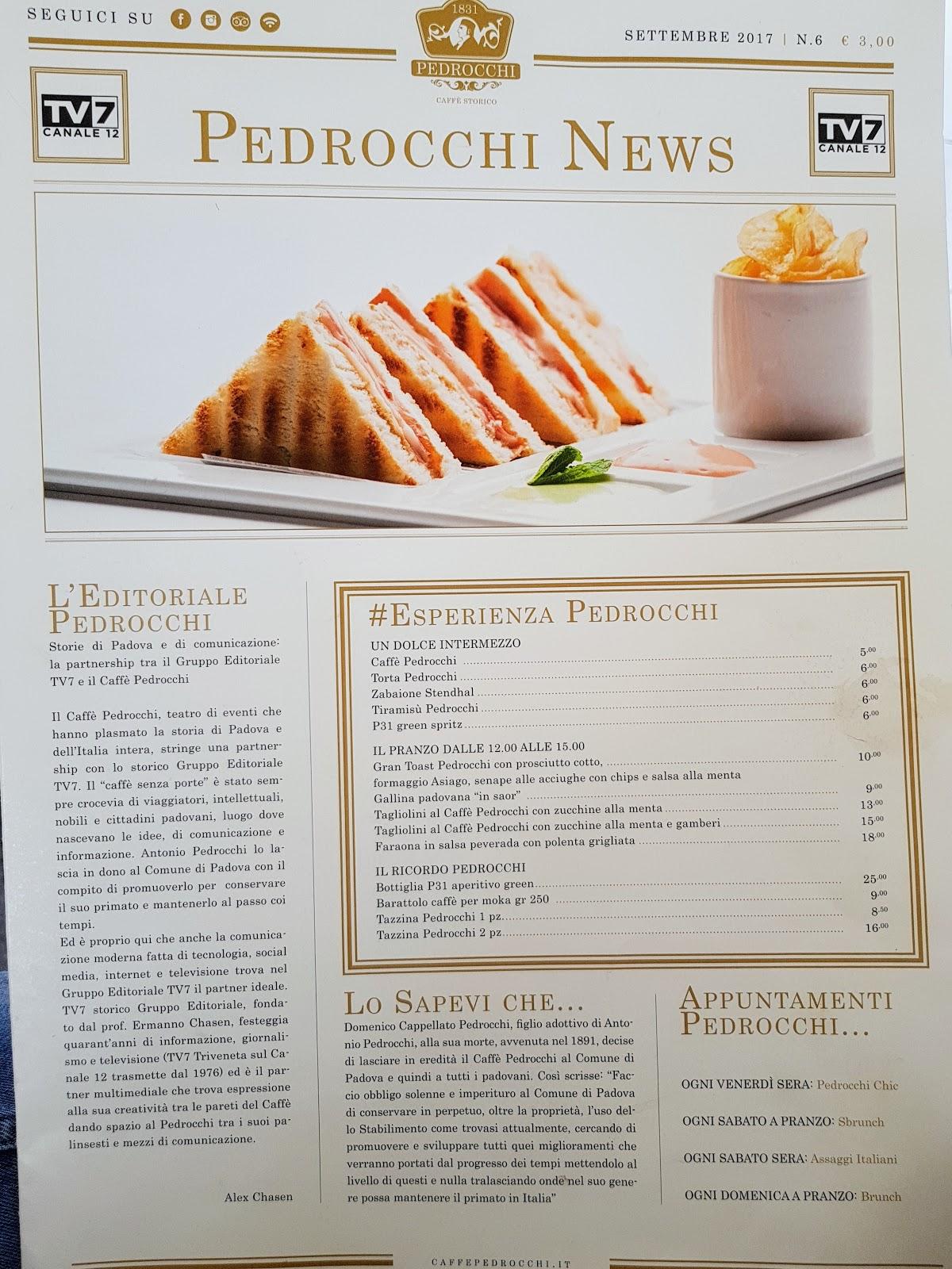 Menu at Pedrocchi Café cafe, Padua, Via VIII Febbraio