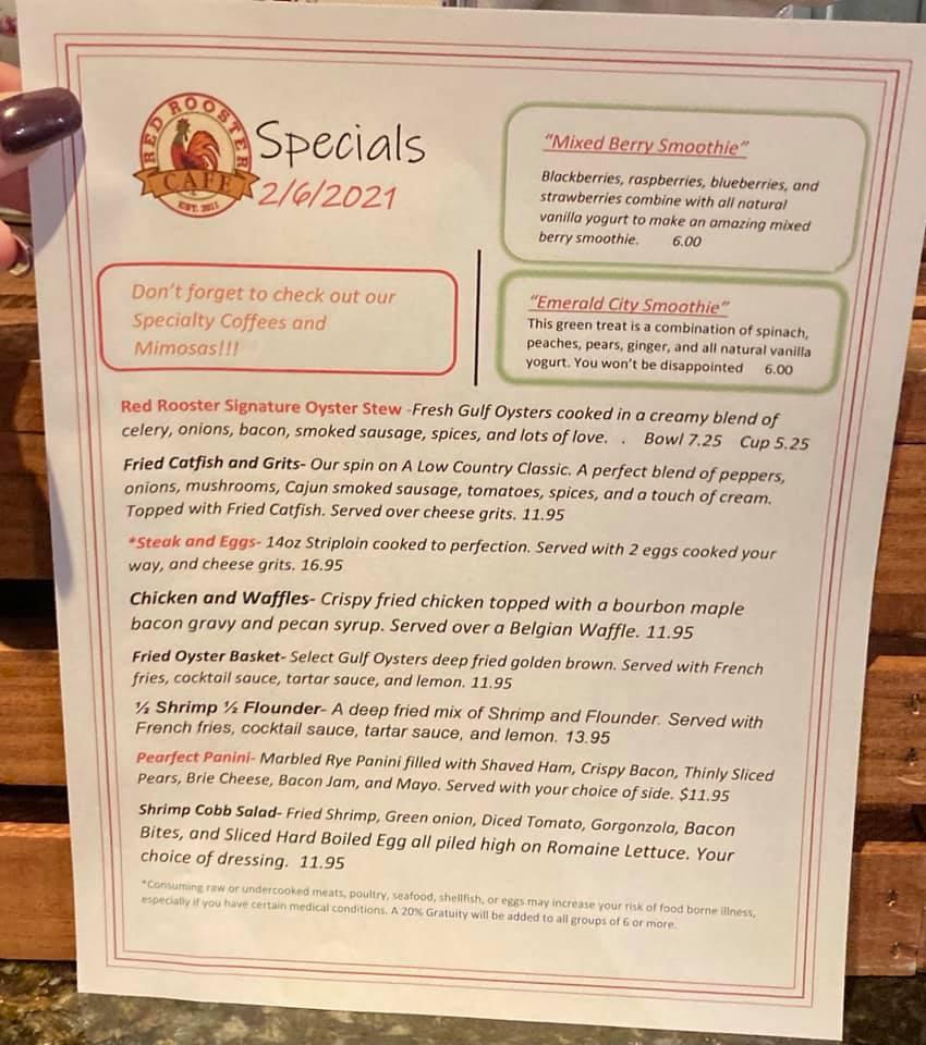Menu at Red Rooster Cafe, Beaufort, Boundary St