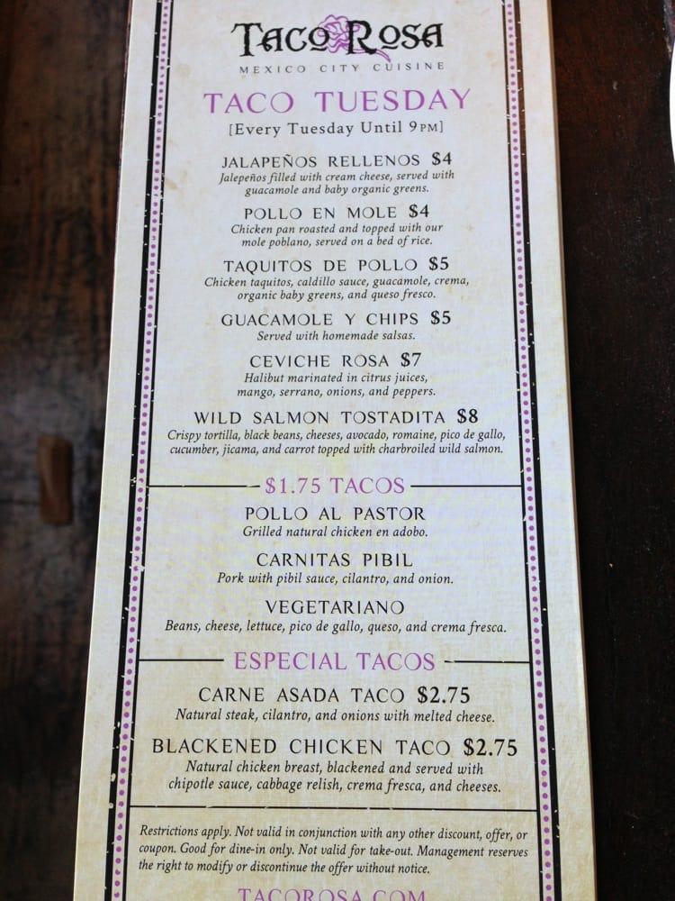 Menu at Taco Rosa restaurant, Irvine, Jamboree Rd