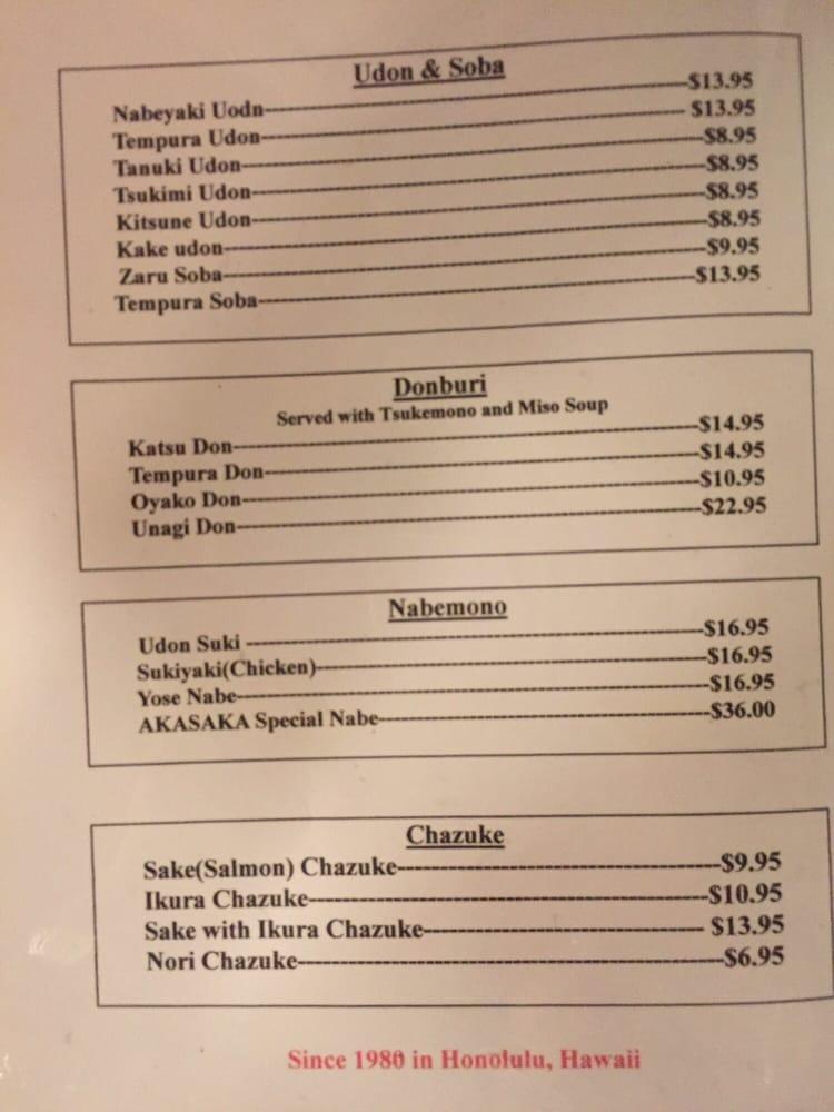 Menu at Akasaka restaurant, Honolulu