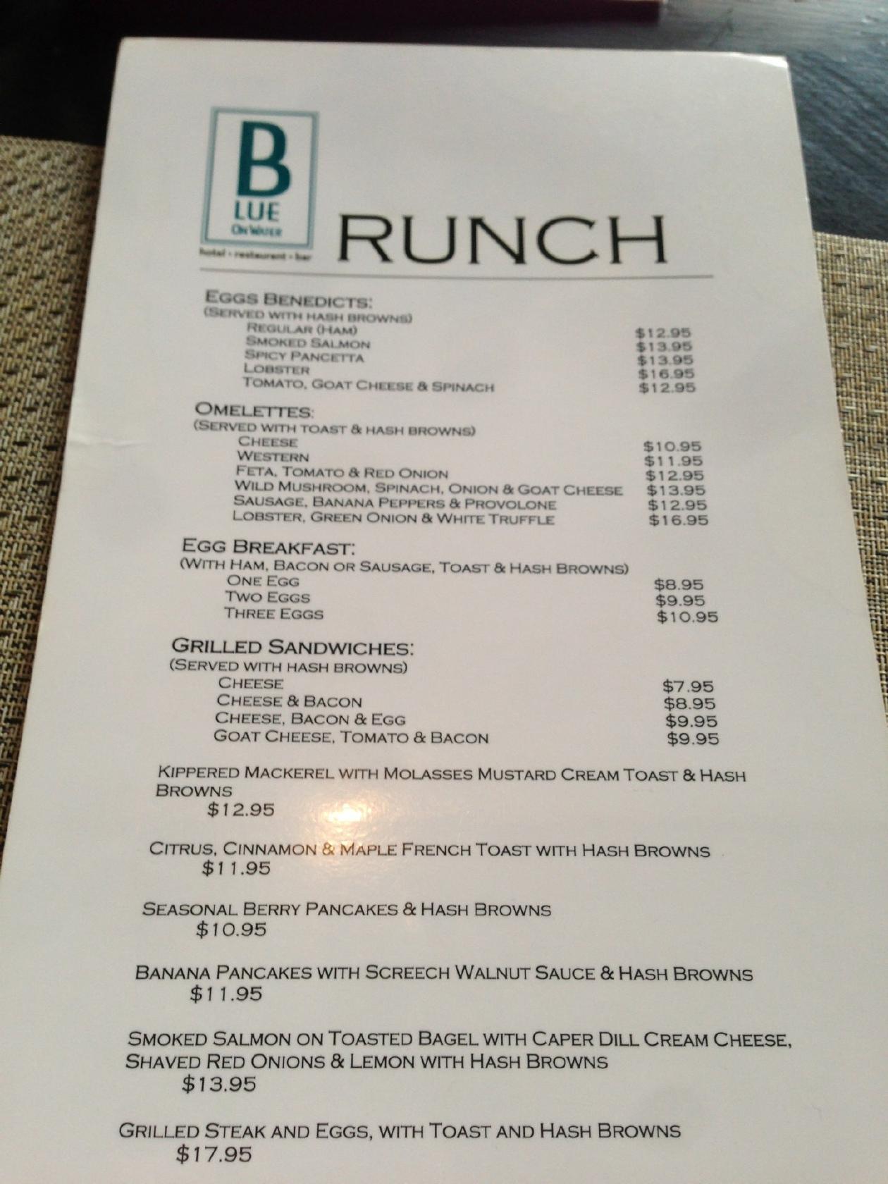 Menu at Blue On Water pub & bar, St. John's