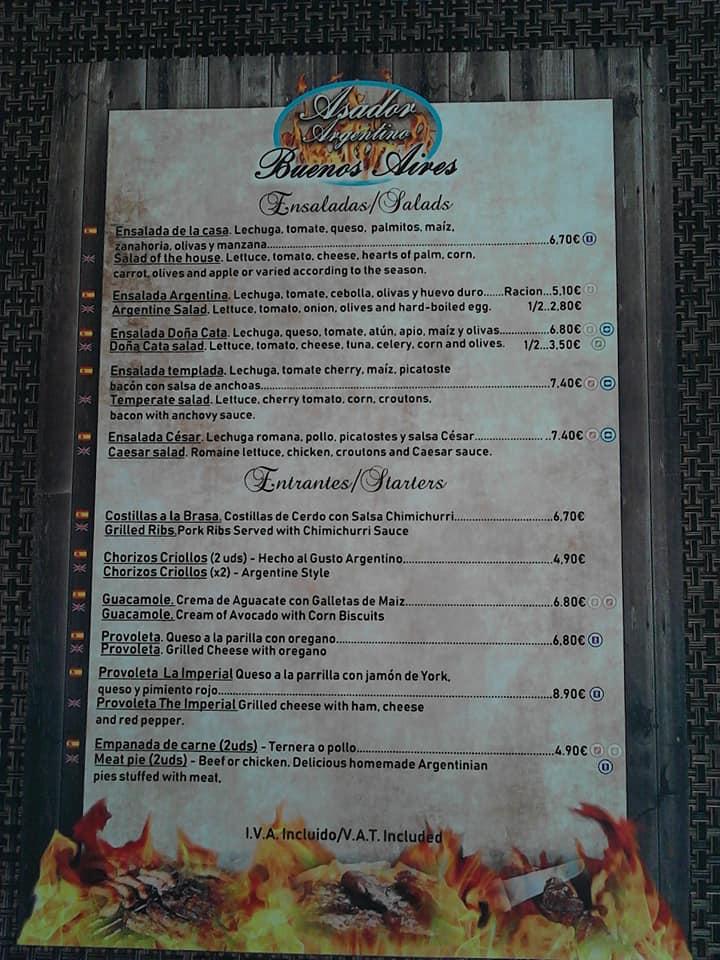 Menu at Steak House Buenos Aires Asador restaurant, Rojales