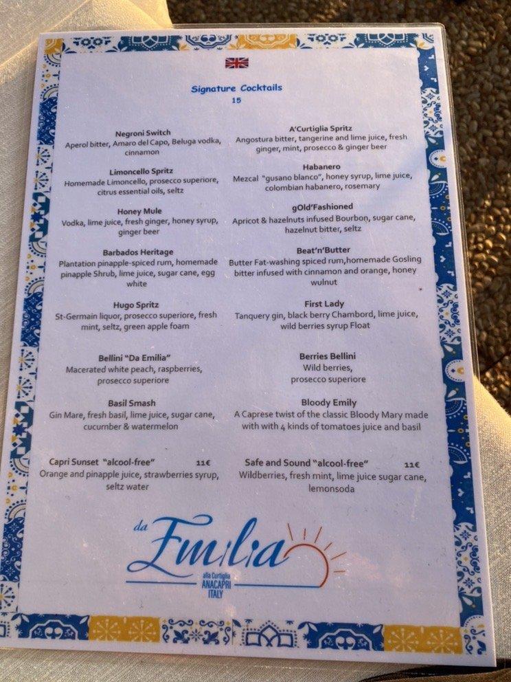 Menu at Da Emilia alla curtiglia capri pizzeria, Anacapri, Via Rio Lincian