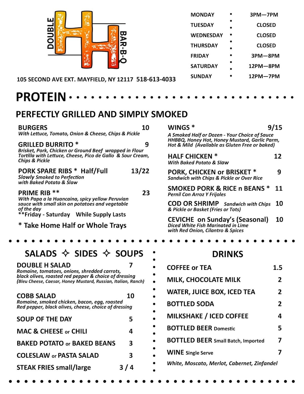 Menu at Double H Bar-B-Q, Mayfield
